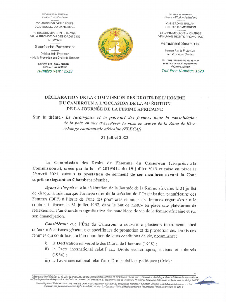 DÉCLARATION DE LA CDHC À L'OCCASION DE LA 61e ÉDITION DE LA JOURNÉE DE LA FEMME AFRICAINE, 31 ...
