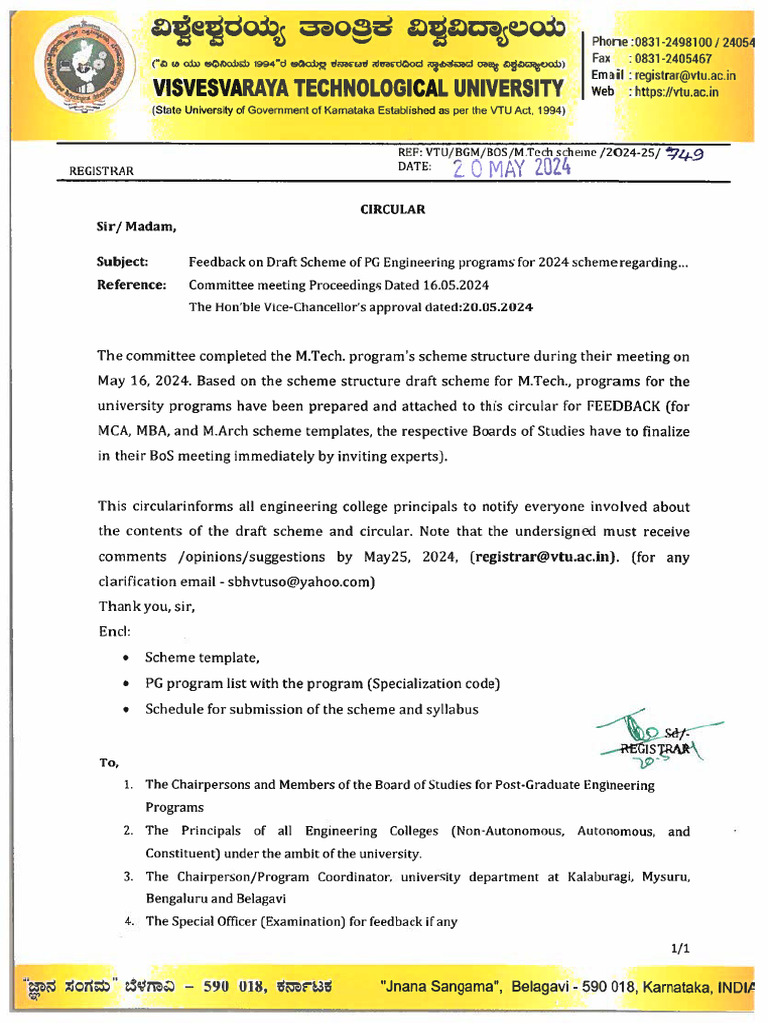 Circular 749 Feedback On Draft Scheme of PG Engineering Programmes 2024 ...