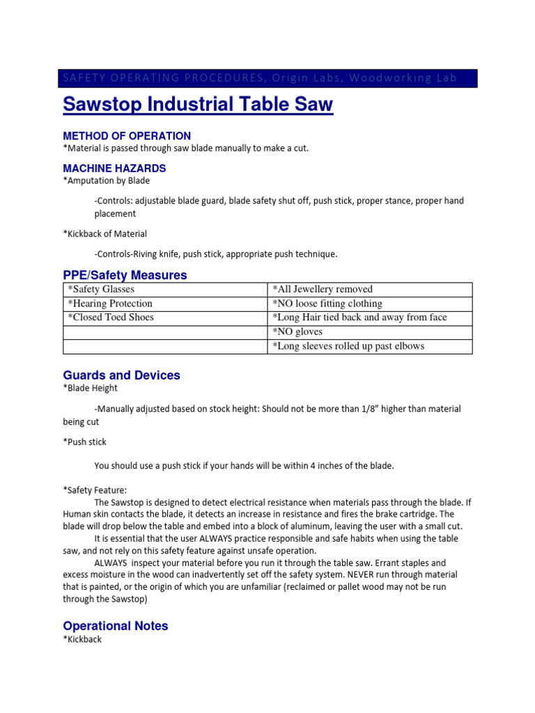 Safety Operating Procedures Sawstop Table Saw | PDF | Equipment ...