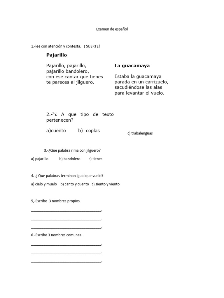 Examen de Español2o. | PDF | Hogar, jardinería y bricolaje | Poesía