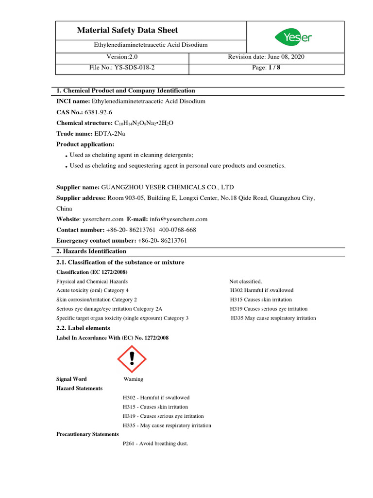 MSDS-Yeser®-EDTA-2Na-Rev. | PDF | Dangerous Goods | Toxicity