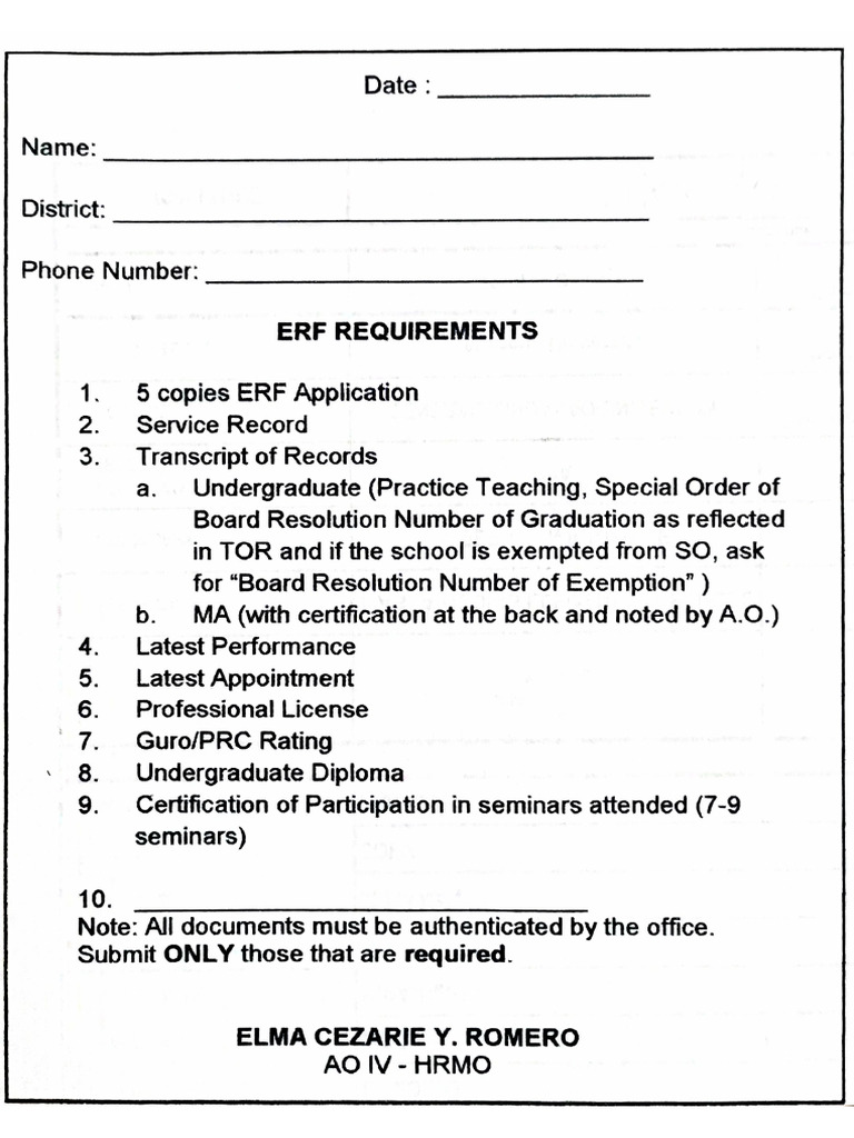 Erf Requirements Form and Certification | PDF