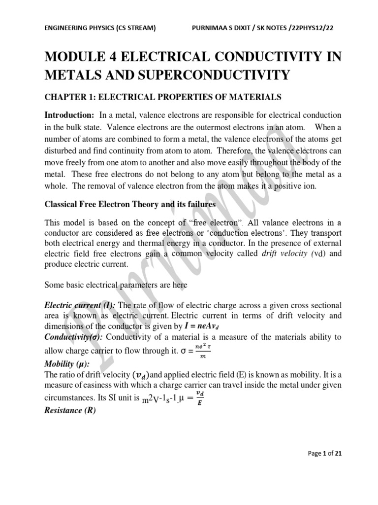 Module 4 Electrical Conductivity in Metals and Superconductivity ...