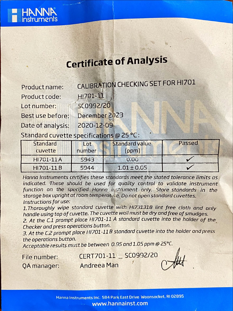 Certificado de Análisis Calibrador para HI-701 (Test HI701-11) | PDF