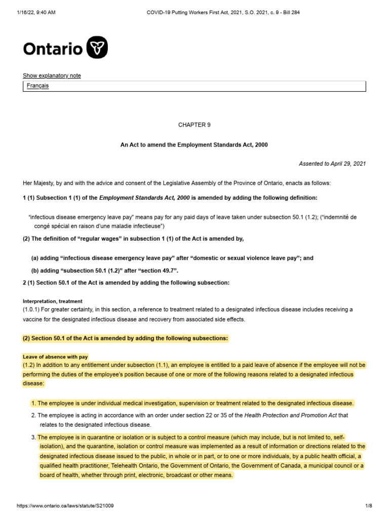 COVID-19 Putting Workers First Act, 2021, S.O. 2021, c. 9 - Bill 284 | Download Free PDF ...