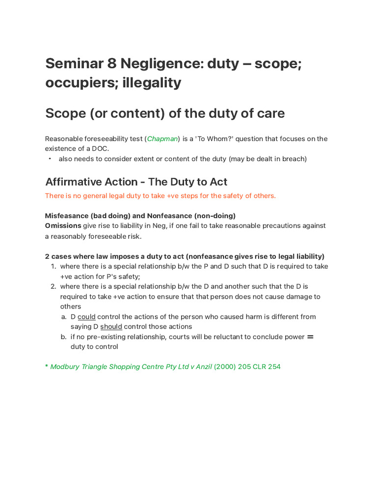 Seminar 8 Negligence Duty - Scope Occupiers Illegality | PDF ...