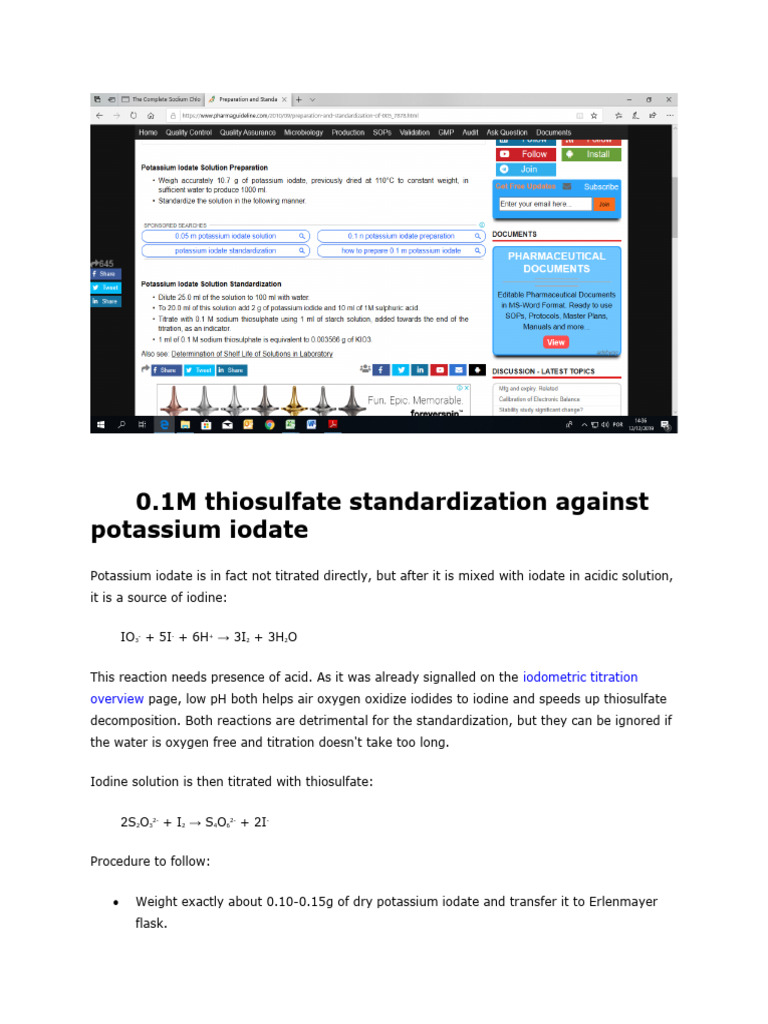 0.1M Thiosulfate Standardization Against Potassium Iodate: Iodometric ...