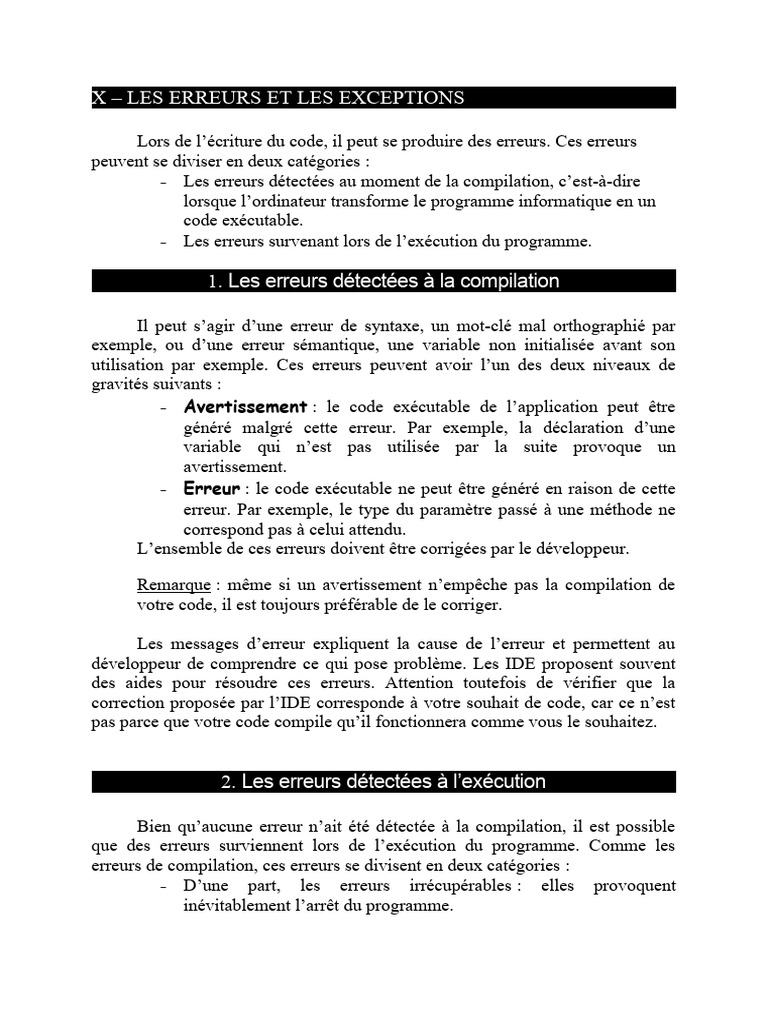 Cours de Java Standard Edition X - Les Erreurs Et Les Exceptions | PDF ...