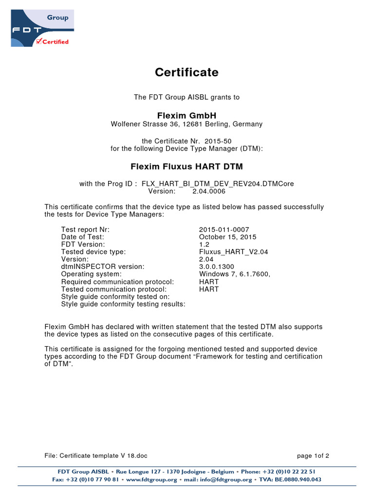 Certificate DTM v2.x HART 2015-Rev4 | PDF | Computing Platforms | Microsoft Windows