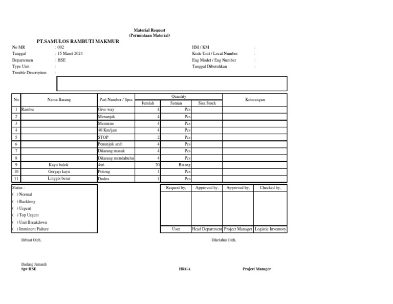 Form Material Requst (MR) 002 | PDF
