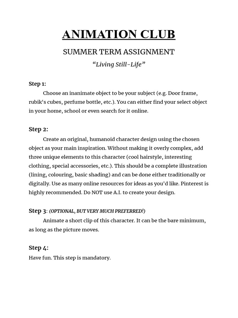 Animation Club Summer Term Project Pdf