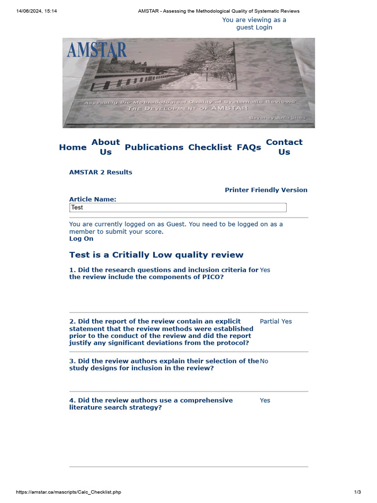 AMSTAR - Test | PDF | Systematic Review | Evaluation