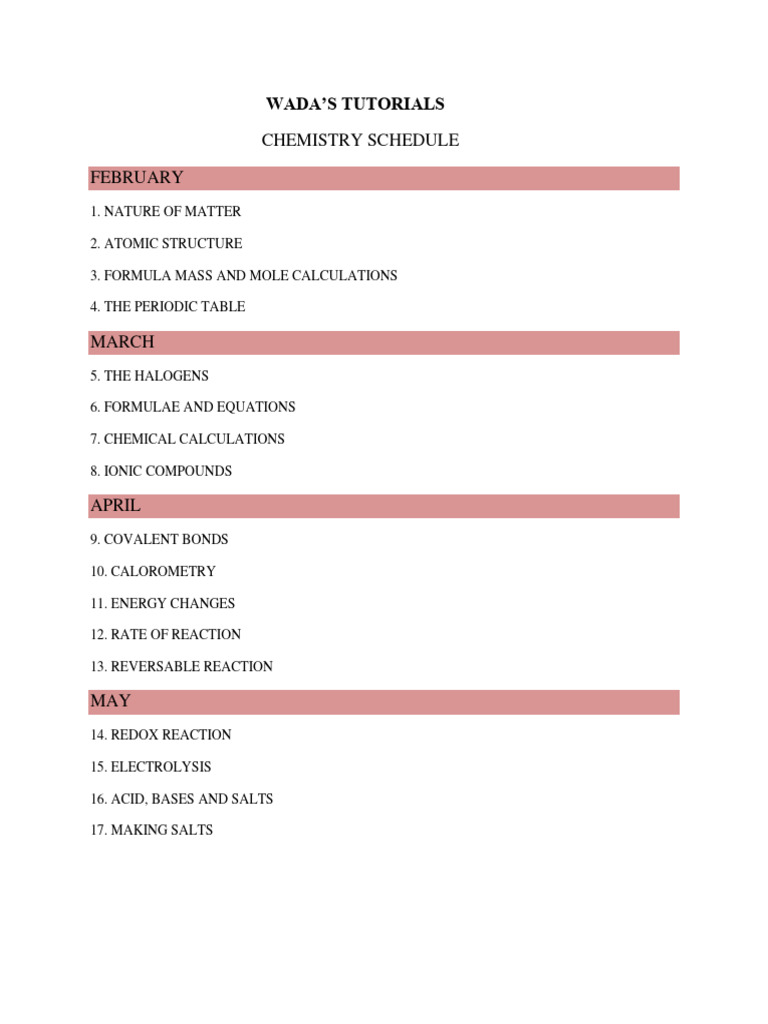 Chemistry Schedule | PDF | Science & Mathematics