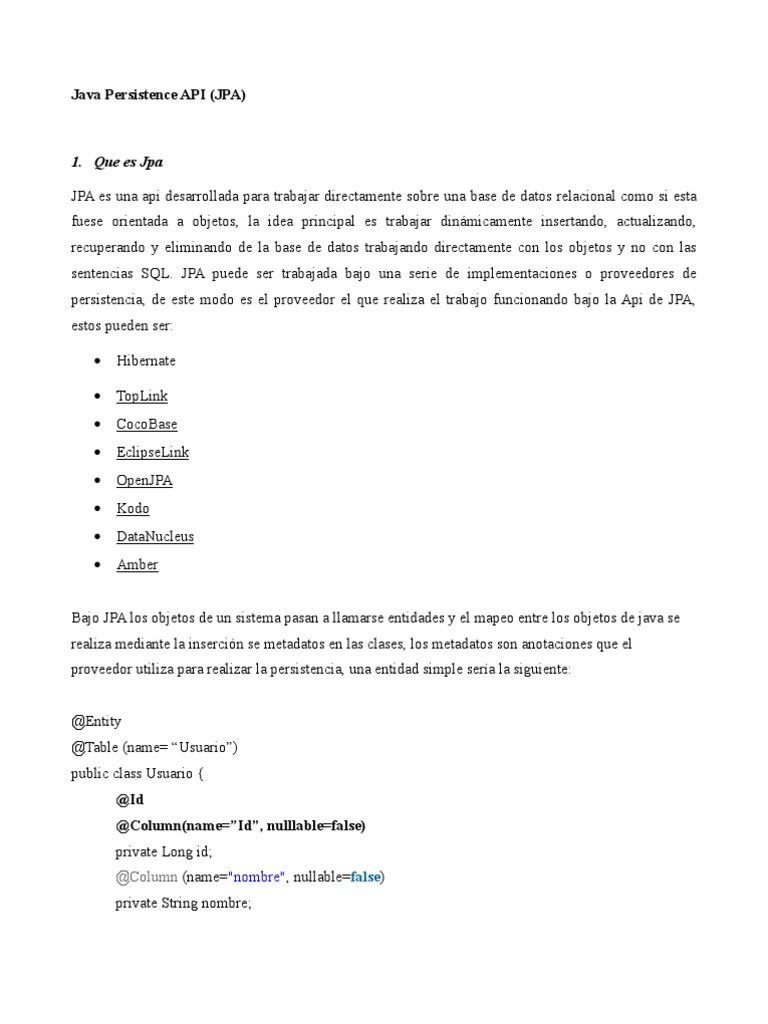 Informe JPA+Hibernate | PDF | Bases de datos | Java (lenguaje de programación)