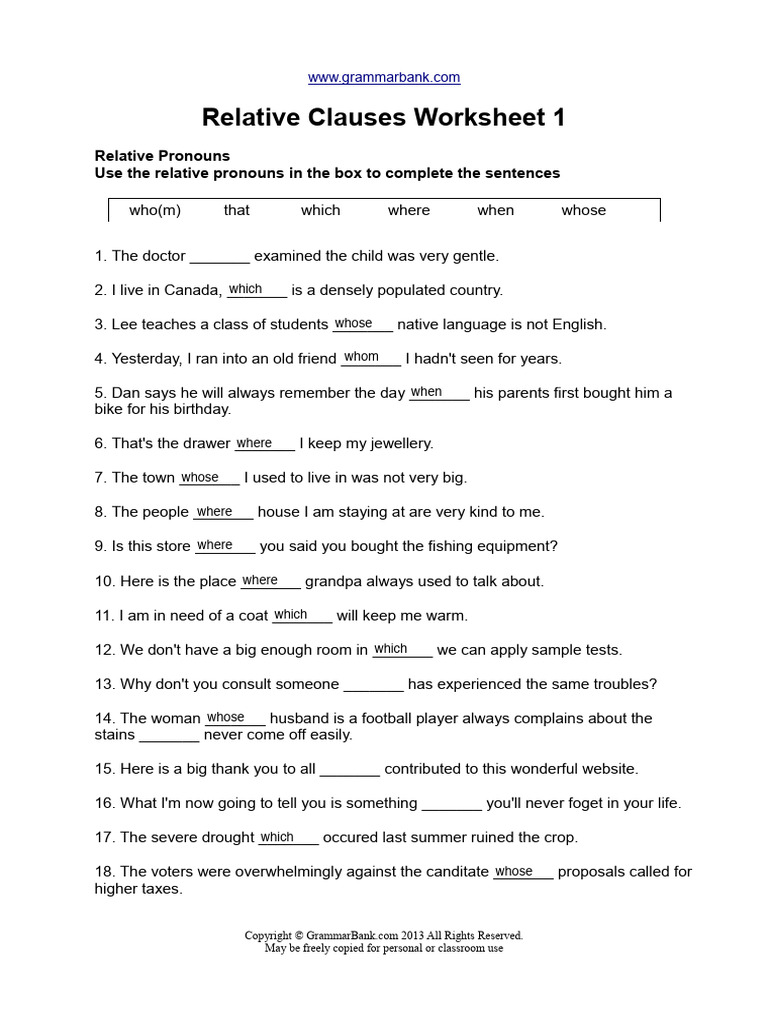 Relative clauses (fill-in the blanks, reading) | PDF