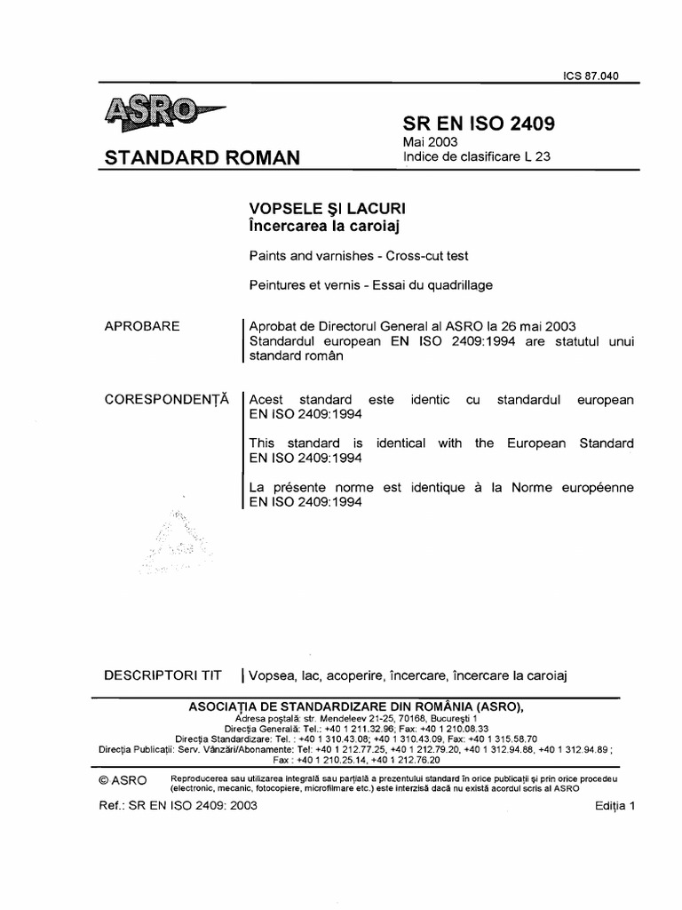 SR EN ISO 2409 - Vopsele Si Lacuri - Incercarea La Caroiaj | PDF