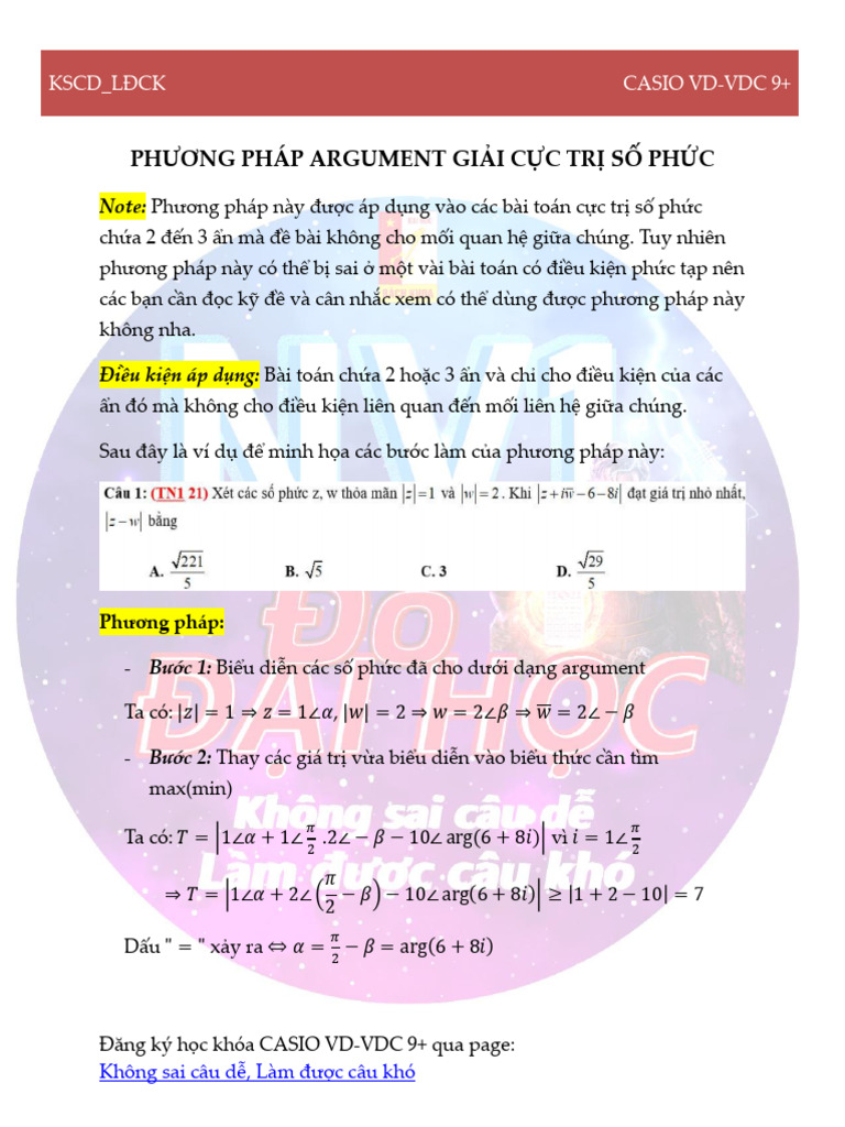 Phương Pháp Argument Giải Cực Trị Số Phức: Kscd - Lđck Casio Vd-Vdc 9+ | PDF