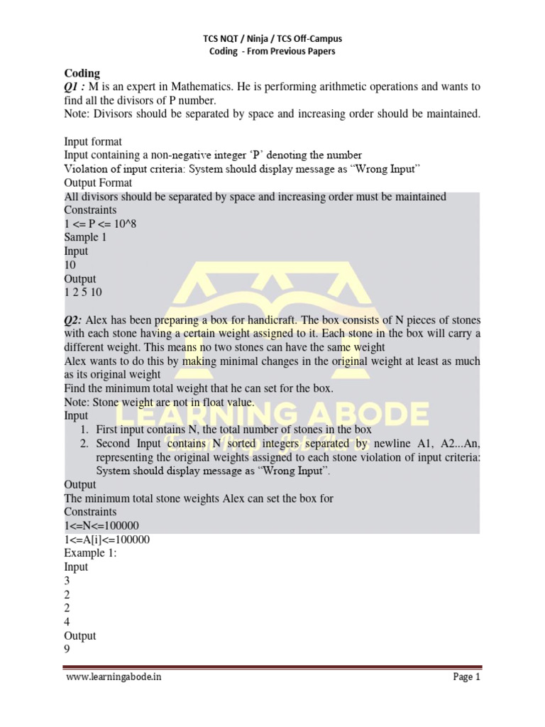 TCS NQT To Be Shared - Coding | Download Free PDF | Computing