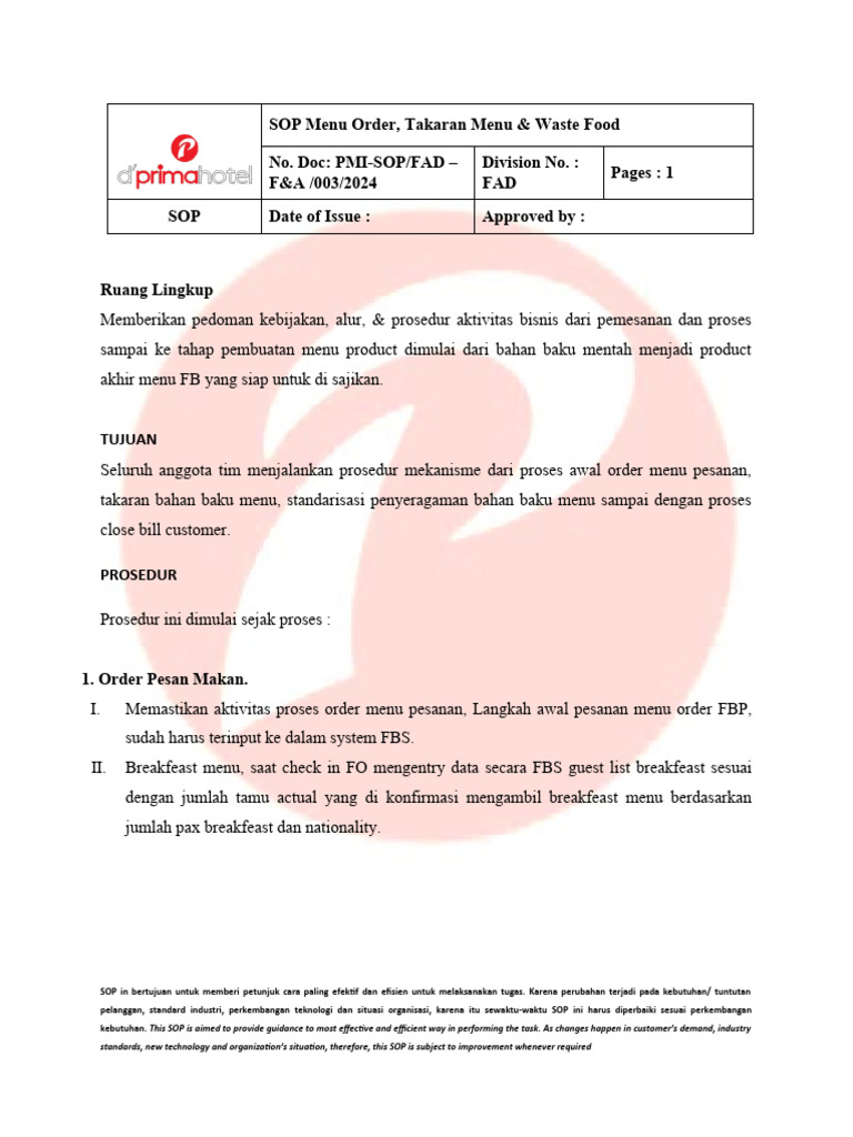 FAD - SOP Menu Order, Takaran Menu & Waste Food | PDF