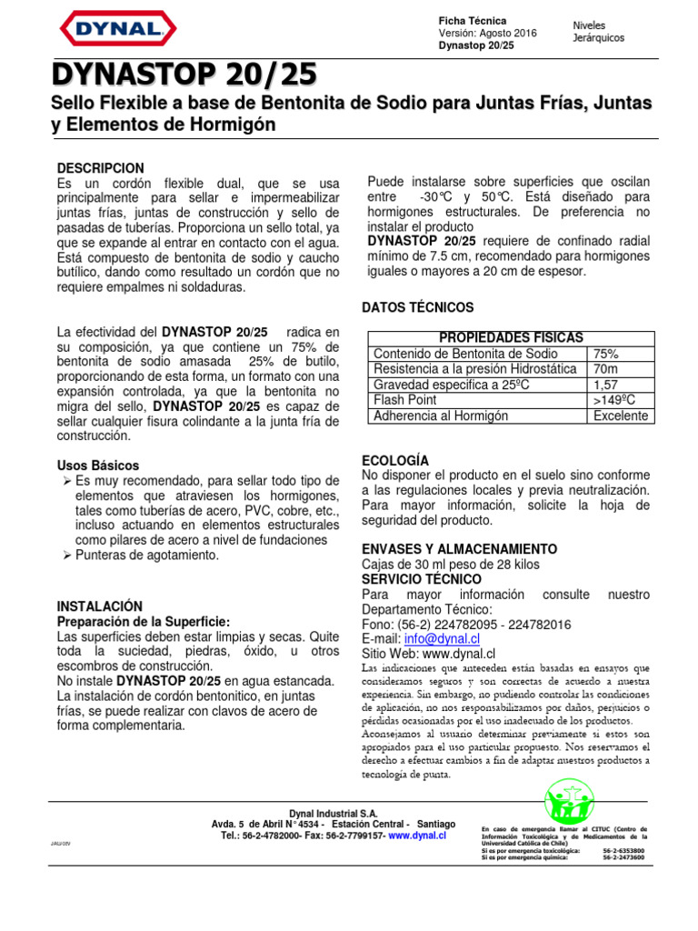 Cordón Bentonítico Dynastop 20/25 | PDF | Hormigón | Materiales