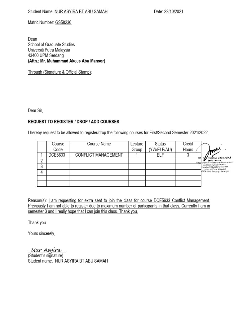 Course Registration Request Letter | PDF