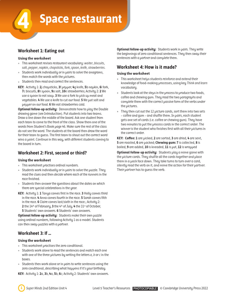 SM2ed Teacher's Resources Worksheet E L5 U4 | PDF | Coffee