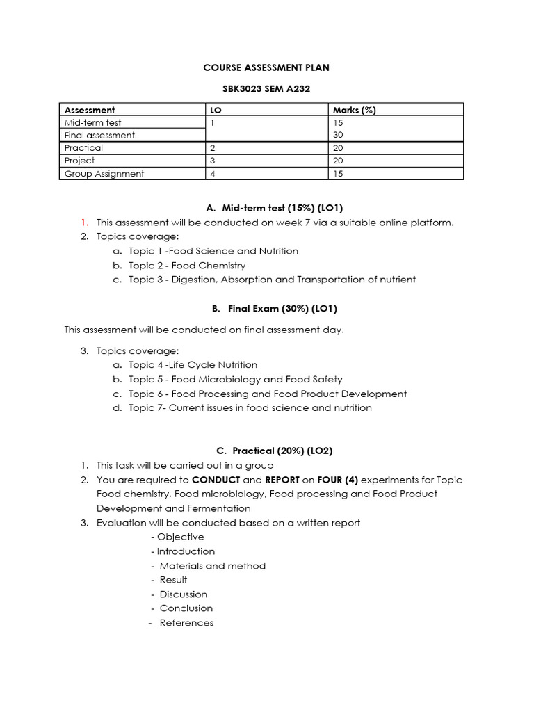 A232 Course Assessment Plan | PDF | Nutrition | Diet & Nutrition