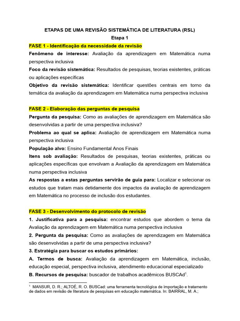 ETAPAS DE UMA REVISÃO SISTEMÁTICA | PDF | Análise sistemática | Aprendizado