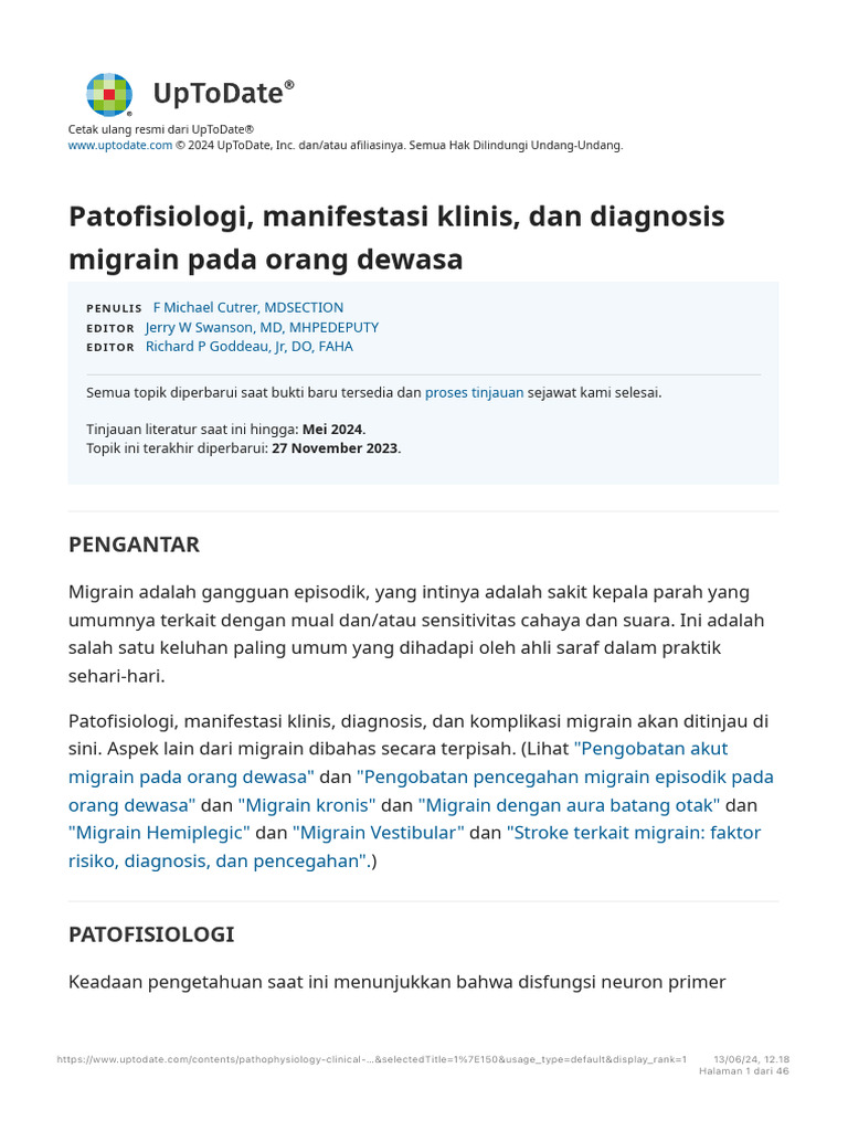 Patofisiologi, Manifestasi Klinis, Dan Diagnosis Migrain Pada Orang Dewasa - UpT | PDF