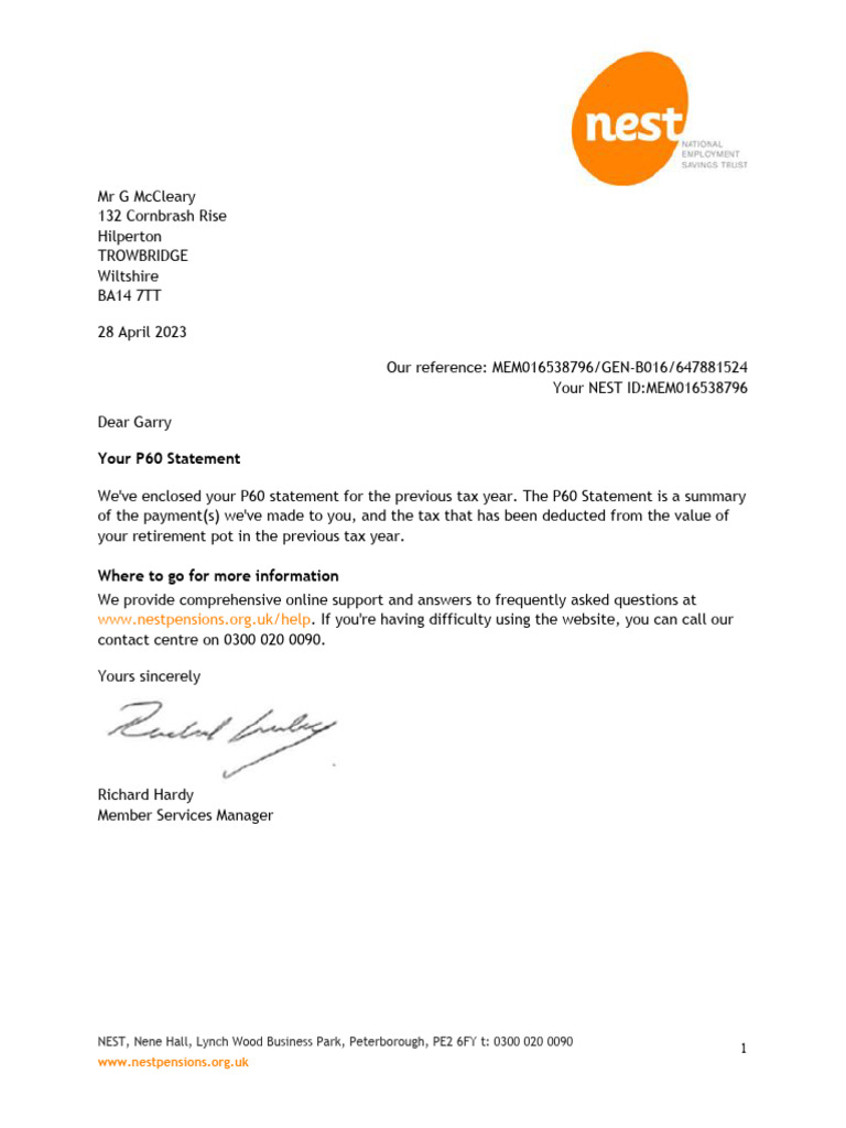Your P60 Statement: NEST, Nene Hall, Lynch Wood Business Park ...