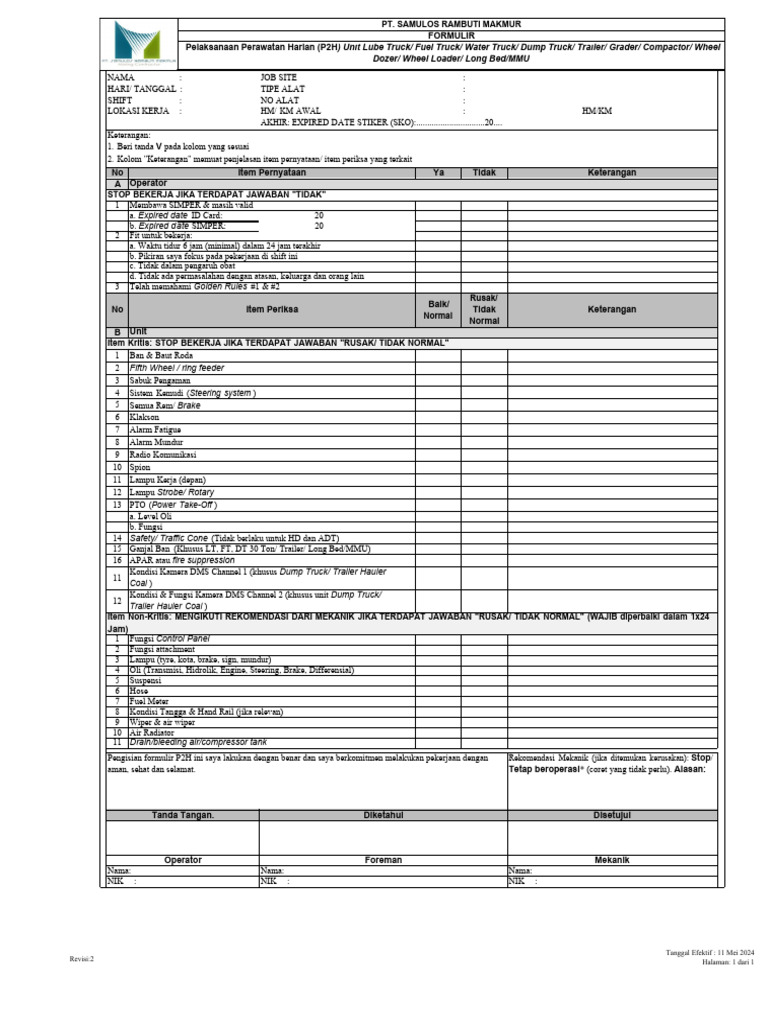 Formulir P2H Alat Berat dan Truk | PDF