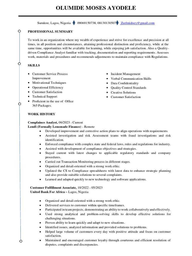 Ayodele Olumide Moses Curriculum Vitae | PDF | Regulatory Compliance | Customer