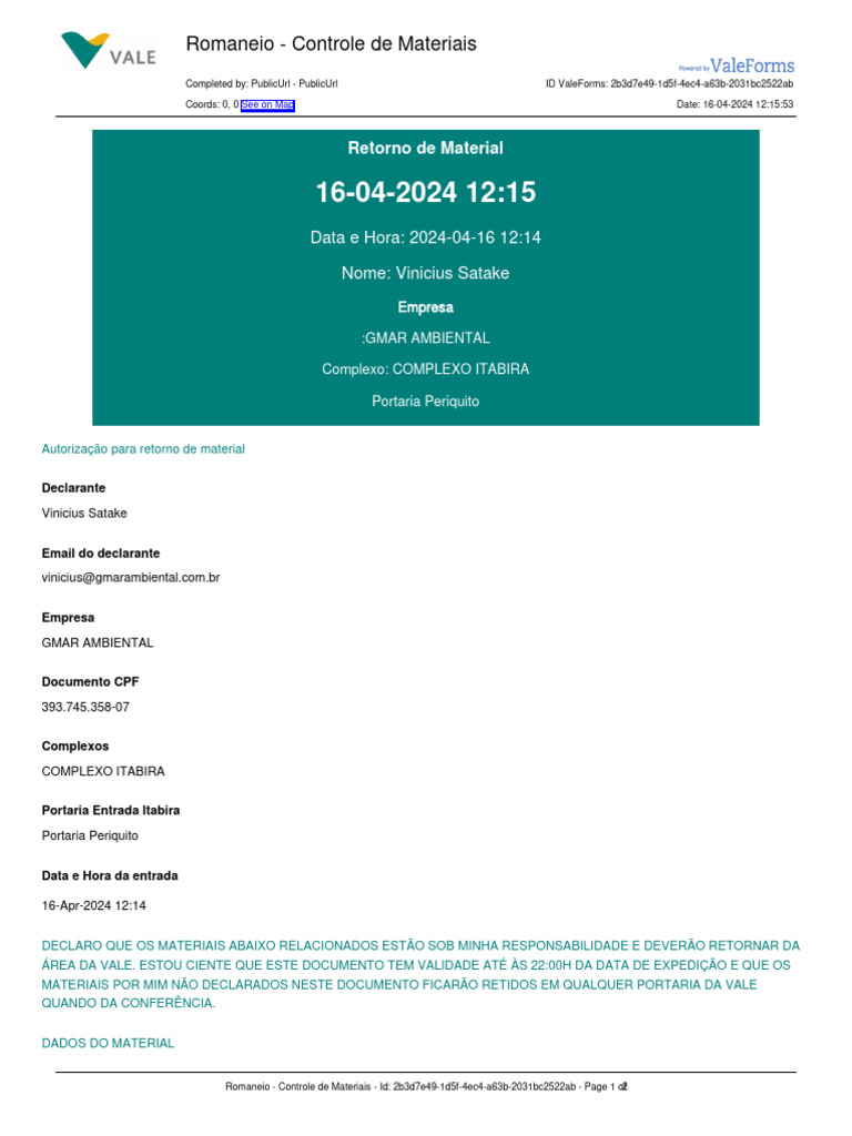 ValeForms Form Self Screening | PDF