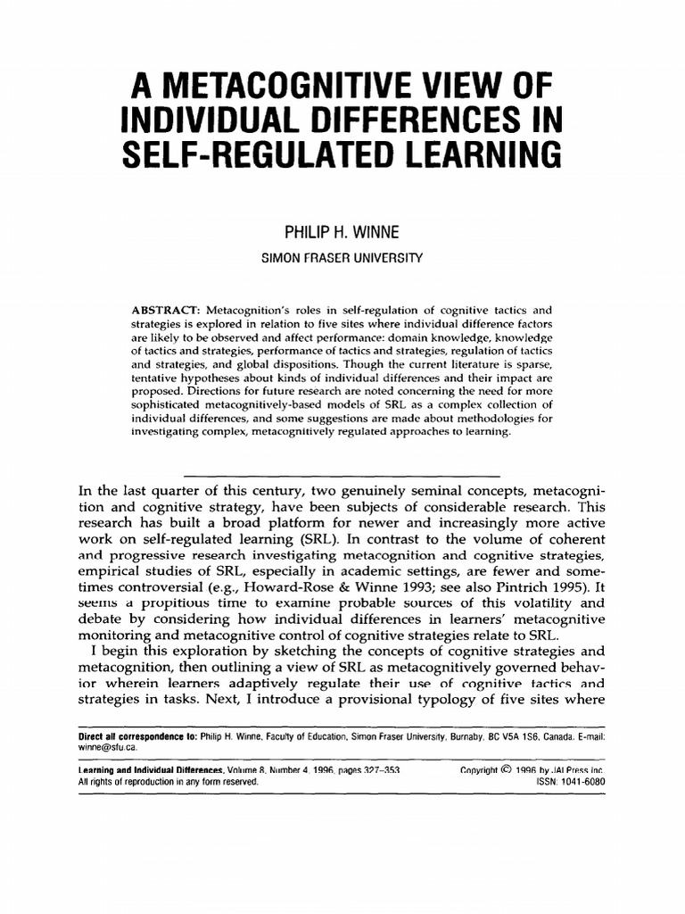Winne1996 Metacognition | PDF | Metacognition | Knowledge
