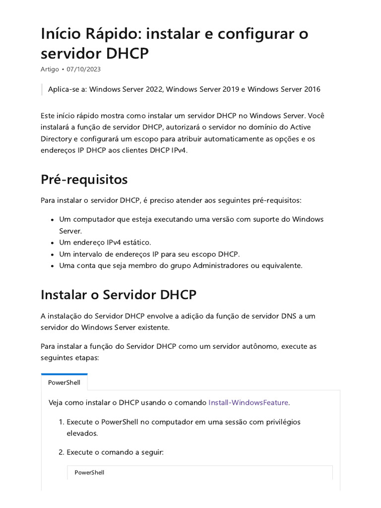 Instalação e Configuração do DHCP Windows | PDF | Redes de computadores ...