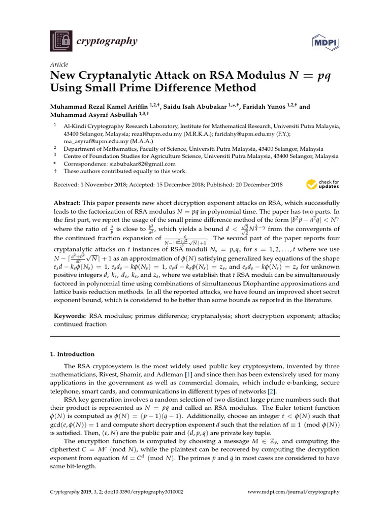 New Cryptanalytic Attack On Rsa Modulus N Pq Using Small Prime Difference Method Pdf 