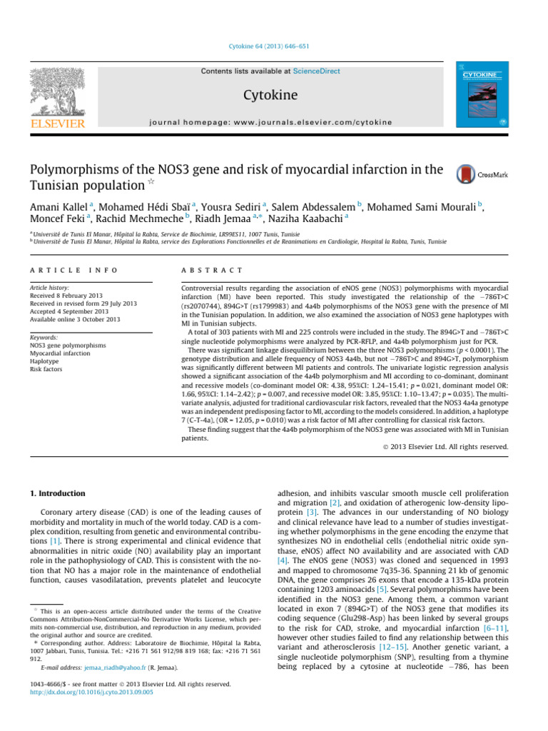 Polymorphisms of The NOS3 Gene and Risk of Myocardial Infarction in The | PDF | Dominance ...