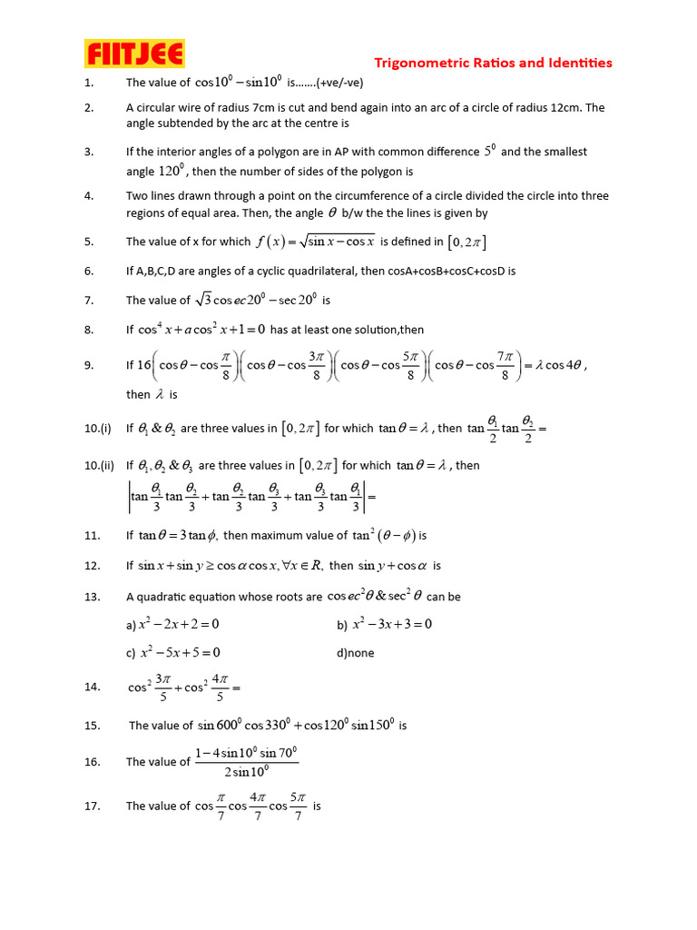 Trigonometry Practice Sheet | Download Free PDF | Circle | Trigonometric Functions