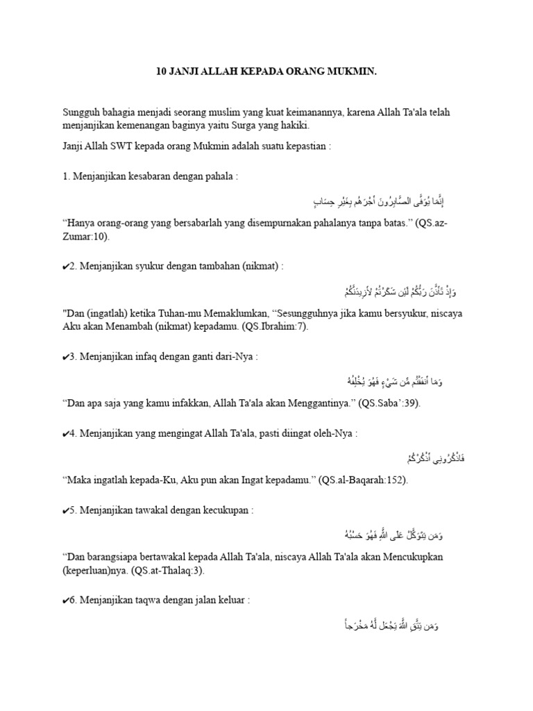 10 Janji Allah Kepada Orang Mukmin. | PDF