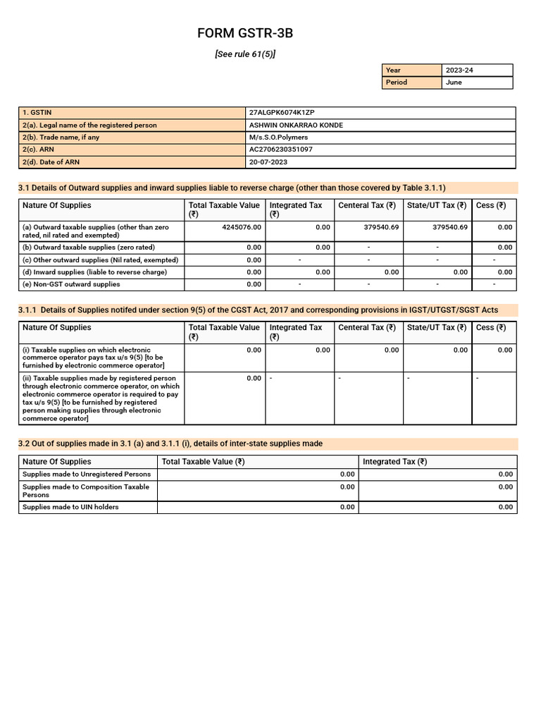 Form Gstr-3B: (See Rule 61 (5) ) | PDF | Taxes | Money
