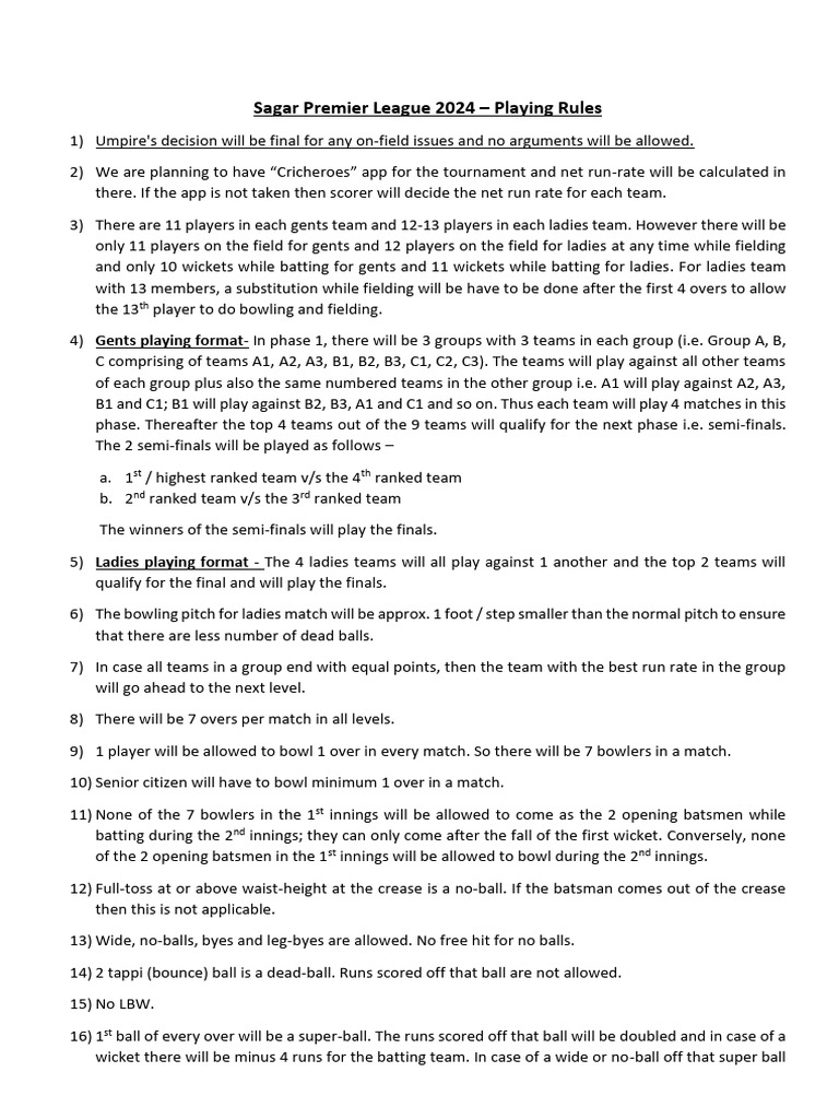 Sagar Premier League Rules 2024 | PDF | Bowling (Cricket) | Athletic Sports