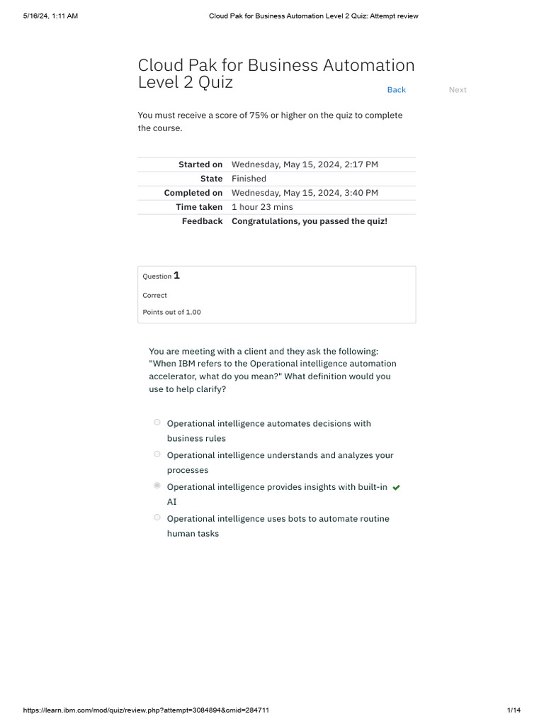 Cloud Pak for Business Automation Level 2 Quiz_ Attempt review | PDF | Automation | Cloud Computing