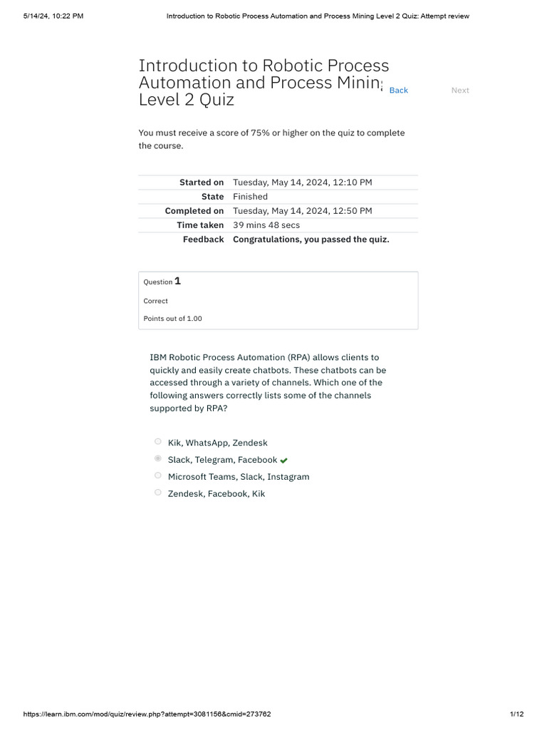 Introduction To Robotic Process Automation and Process Mining Level 2 Quiz - Attempt Review ...