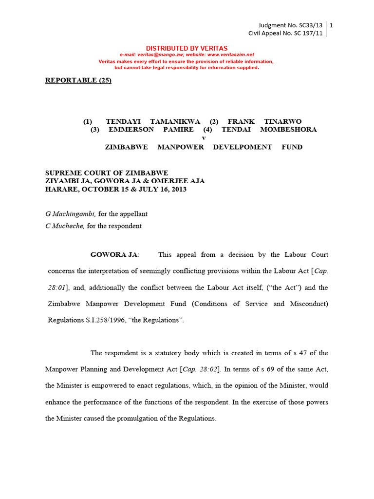 SC-33-13 Tamanikwa & Others VS Zimbabwe Manpower Development Fund | PDF ...