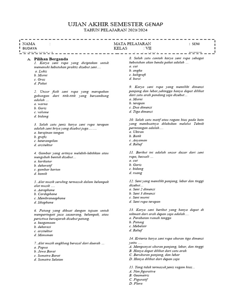 Uas SMP Mapel Seni Budaya Aplot | PDF | Seni