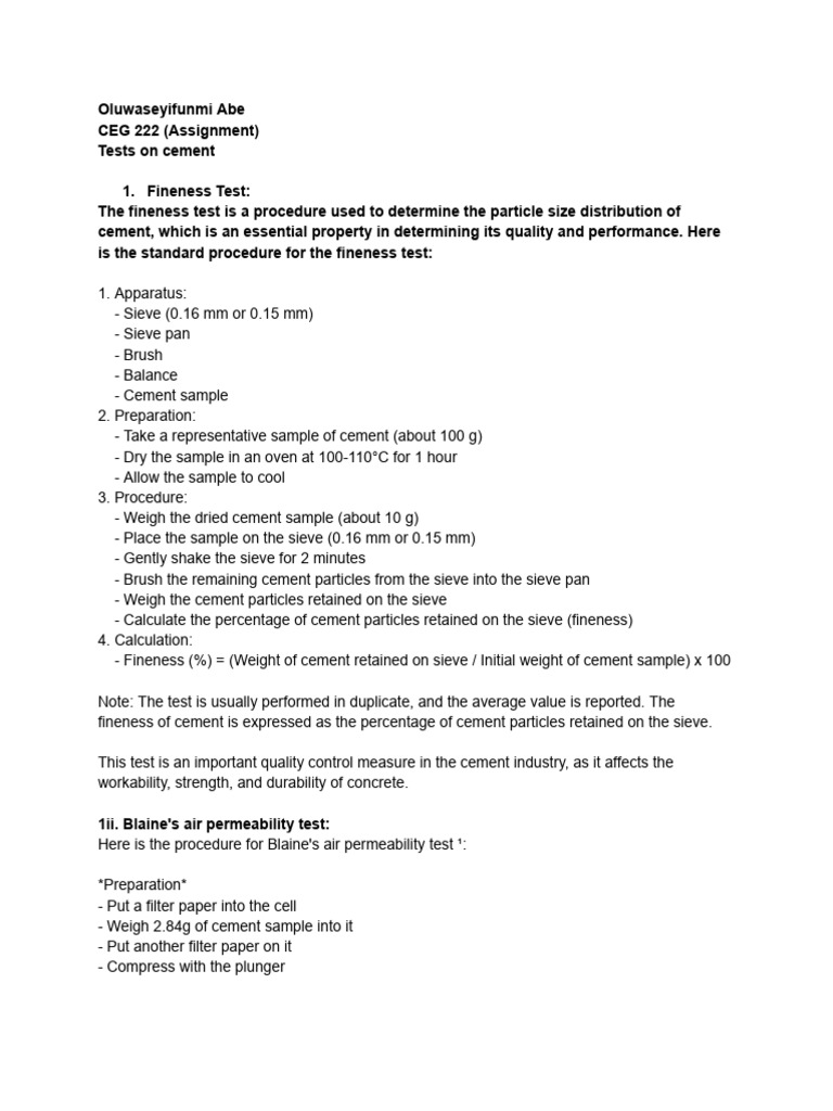 Procedures For Tests of Cement. CEG 222 | PDF | Atomic Absorption ...