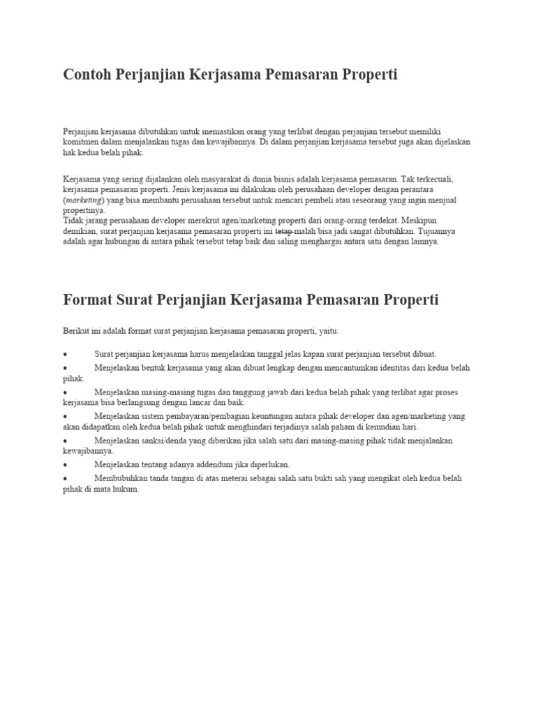 Contoh Perjanjian Kerjasama Pemasaran Properti | PDF