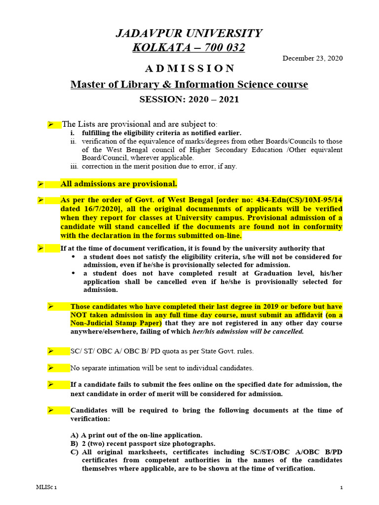 Jadavpur University KOLKATA - 700 032: Admission Master of Library ...