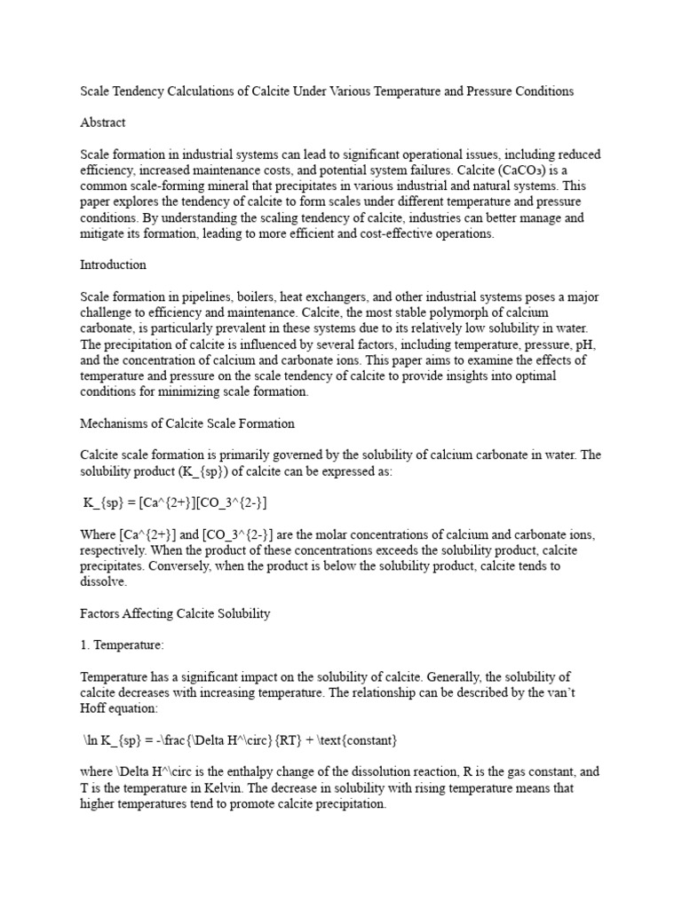 Scale Tendency Calculations of Calcite Under Various Temperature and ...
