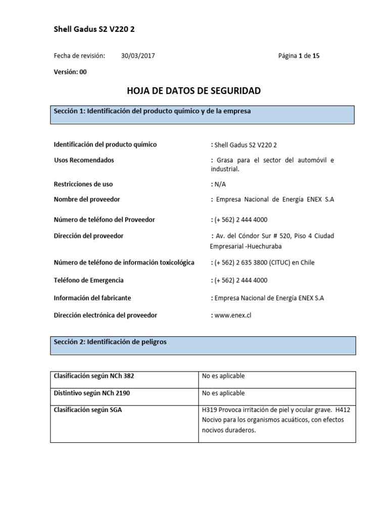 Gadus S2 V220 2 MSDS HDS | Descargar gratis PDF | Guante | Combustión